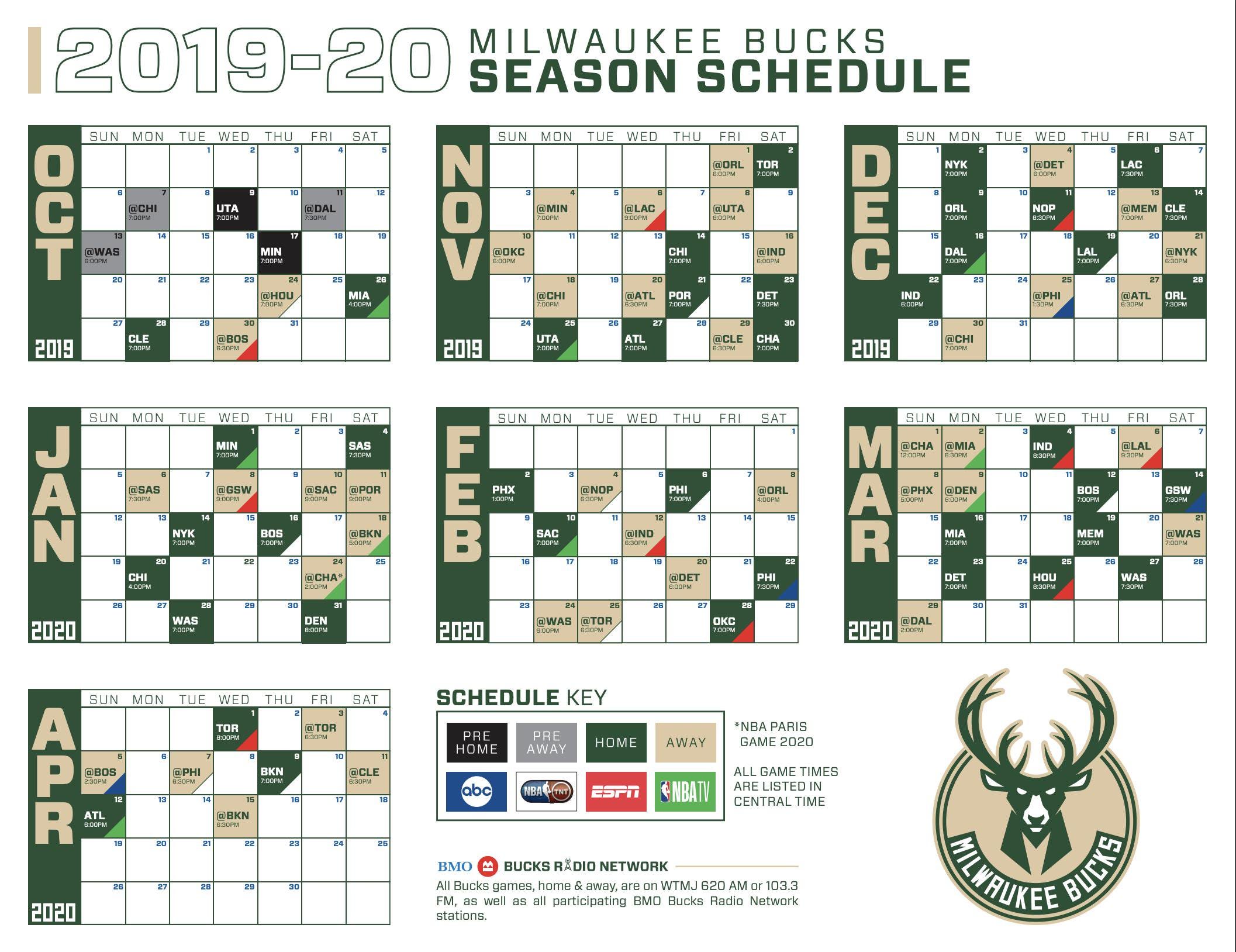 NBA Milwaukee Bucks 2019 2020 season schedule released